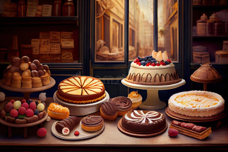 Traditional Paris Pastries in Bakery with Decorations on Table Pastry ...