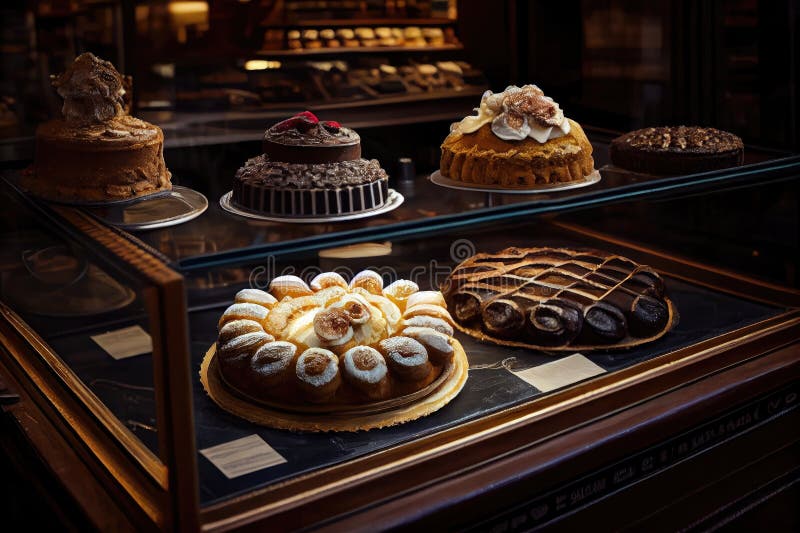 Traditional Paris Pastries in Bakery with Decorations on Table Pastry ...