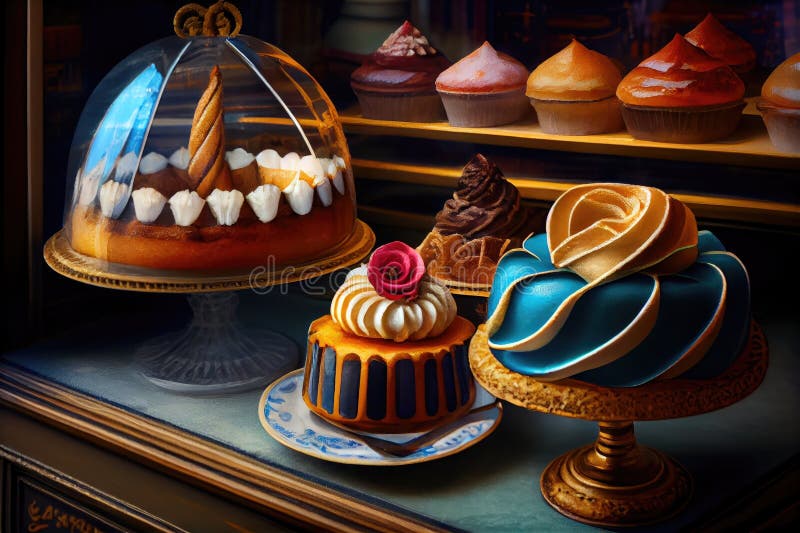 Traditional Paris Pastries in Bakery with Decorations on Table Pastry ...