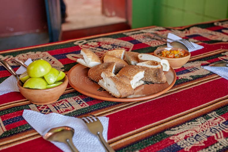 Traditional Peru Dinner, Bread Tortilla and Lime on the Table Stock ...