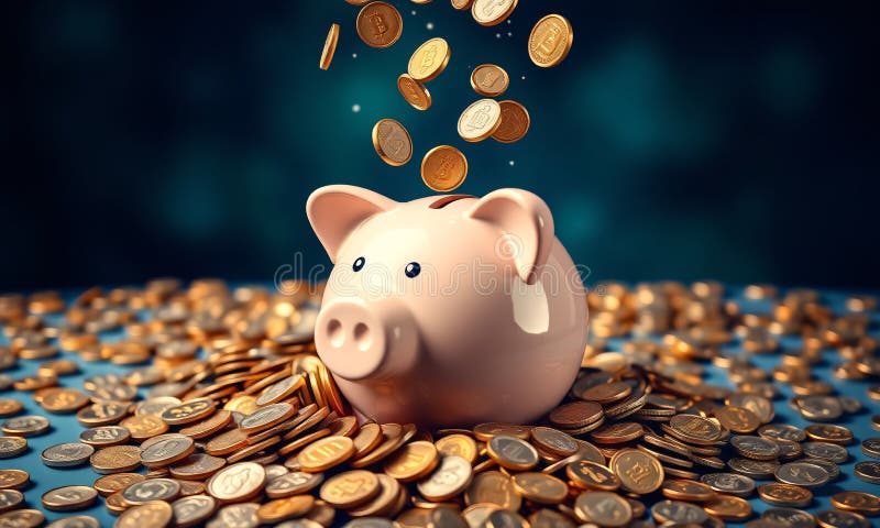 A Traditional Piggy Bank Surrounded by a Rain of Coins Stock ...