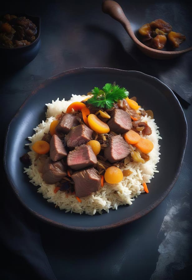 Traditional Pilaf with Meat and Boiled Fruits Stock Illustration ...
