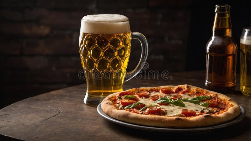 Traditional Pizza with Draft Beer by Warm Hearth Setting Stock Image ...