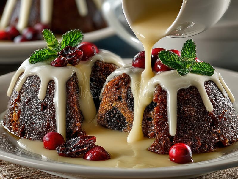 A Traditional Plum Pudding Sliced and Served with Brandy Sauce Stock ...