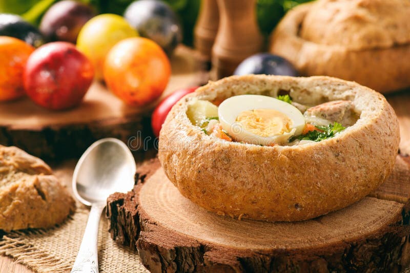 Traditional Polish Easter Soup - Zurek, Served in Bread Loaf. Stock ...