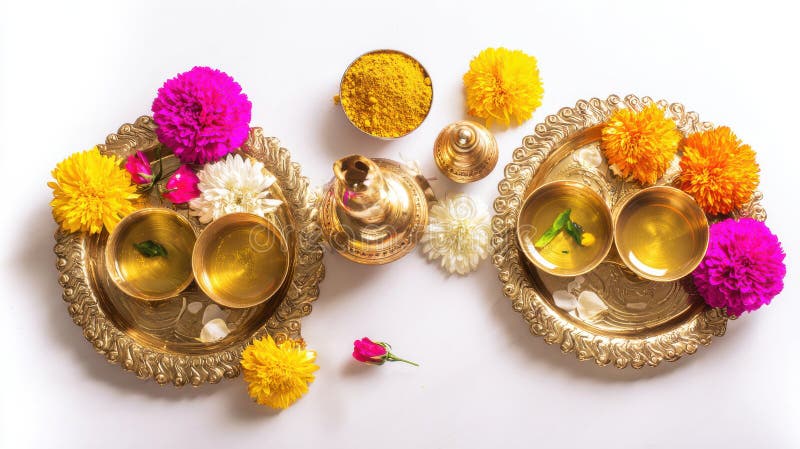 Traditional Pooja Setup with Flowers and Brass Items Stock Image ...