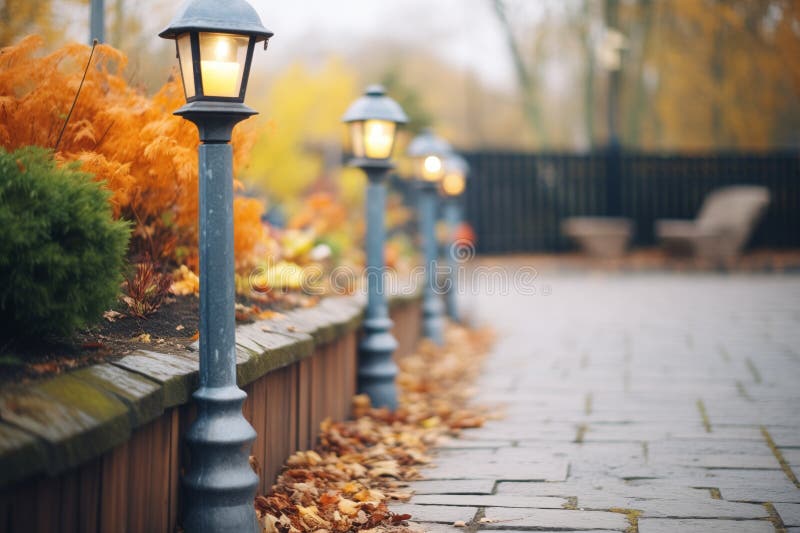 Traditional Post Lights by a Stone Pathway Stock Image - Image of ...