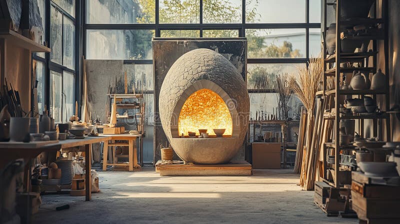 A Traditional Pottery Kiln Glowing Softly in a Modern Workspace Stock ...