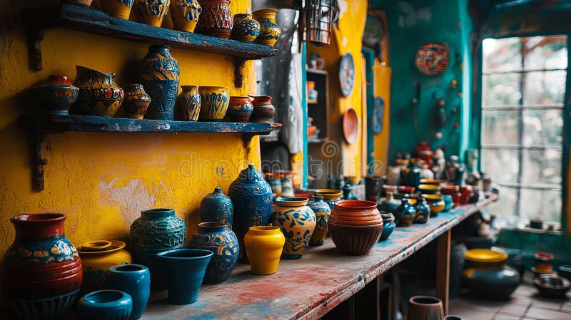 A Traditional Pottery Studio with Handcrafted Vases and Vibrant Paints ...