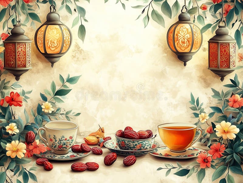 Ramadan Iftar Dinner Table Setting with Lanterns and Mosque View Under ...