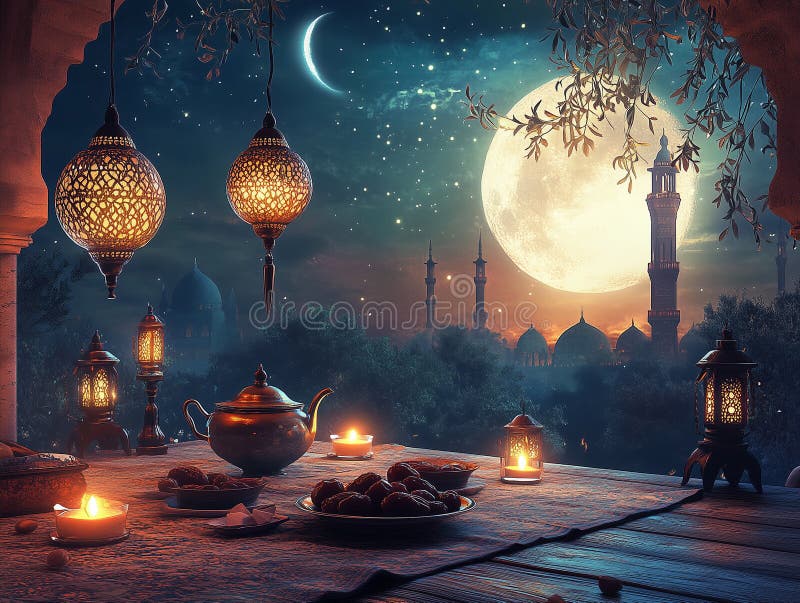 Ramadan Iftar Dinner Table Setting with Lanterns and Mosque View Under ...