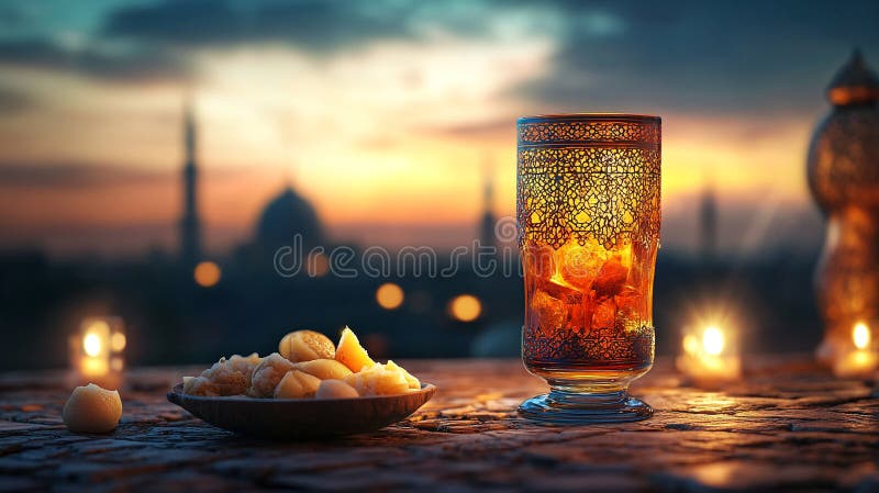 Traditional Ramadan Iftar Setting with Dates and a Lantern at Sunset ...