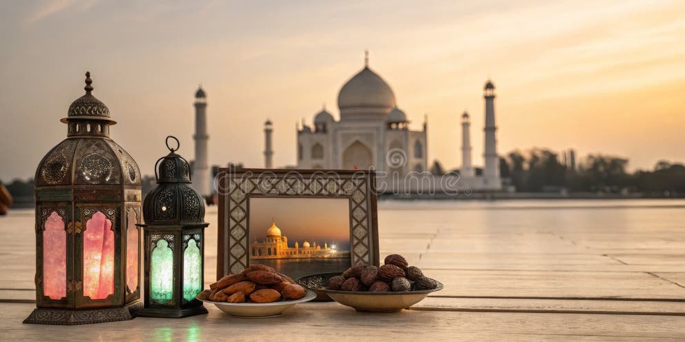 Traditional Ramadan Iftar Setup with Lanterns, Dates, and Framed Mosque ...