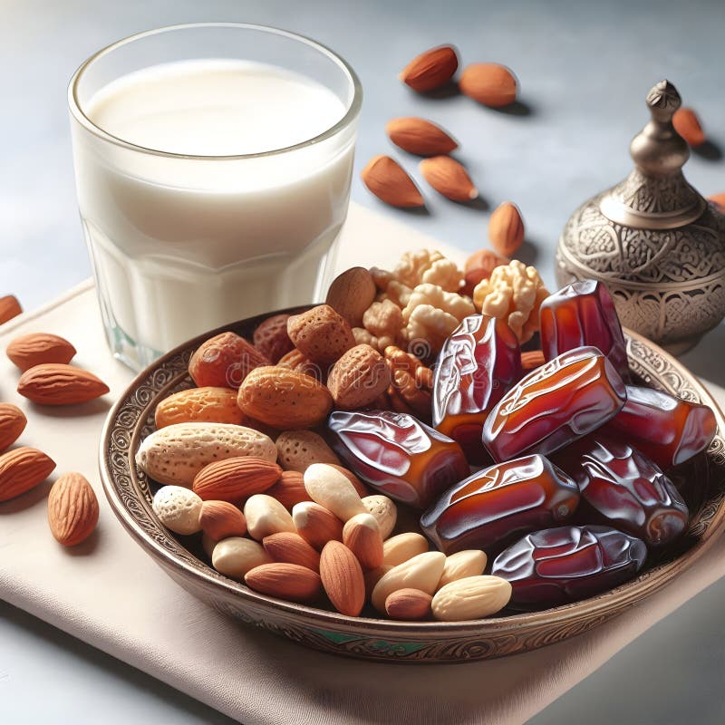 Traditional Ramadan Iftar Table with Dates Milk and Assorted Nuts ...