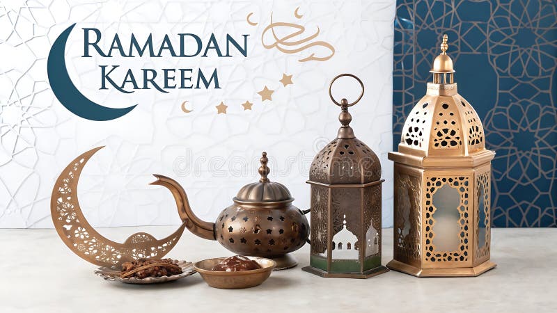 Traditional Ramadan Kareem Decor with Lantern, Crescent, and Tea Set ...