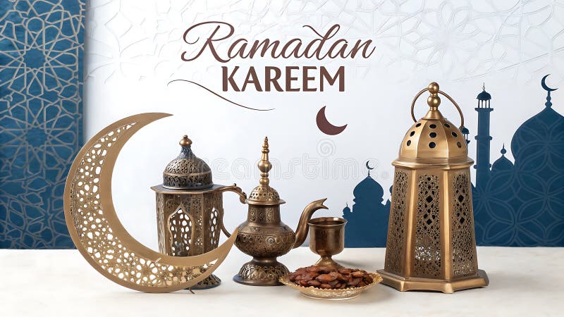 Traditional Ramadan Kareem Decor with Lantern, Crescent, and Tea Set ...