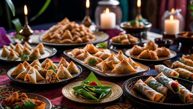 Traditional Ramadan Snacks Samosas and Spring Rolls Stock Illustration ...