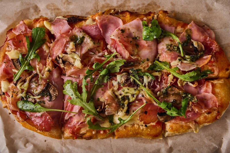 Traditional Rectangular Roman Pizza with Prosciuto Ham, Tomatoes ...