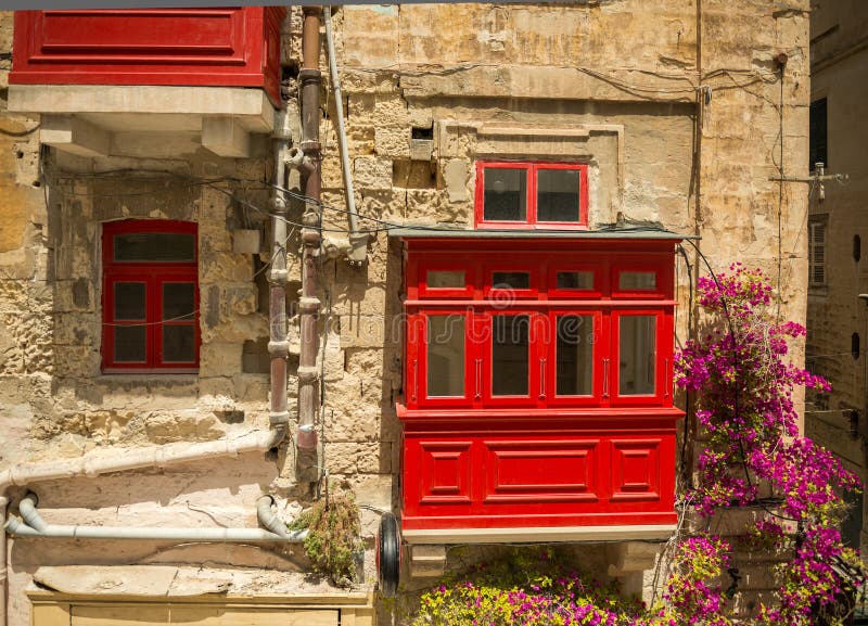 Traditional Red Balconies and Windows in Malta Stock Photo - Image of ...