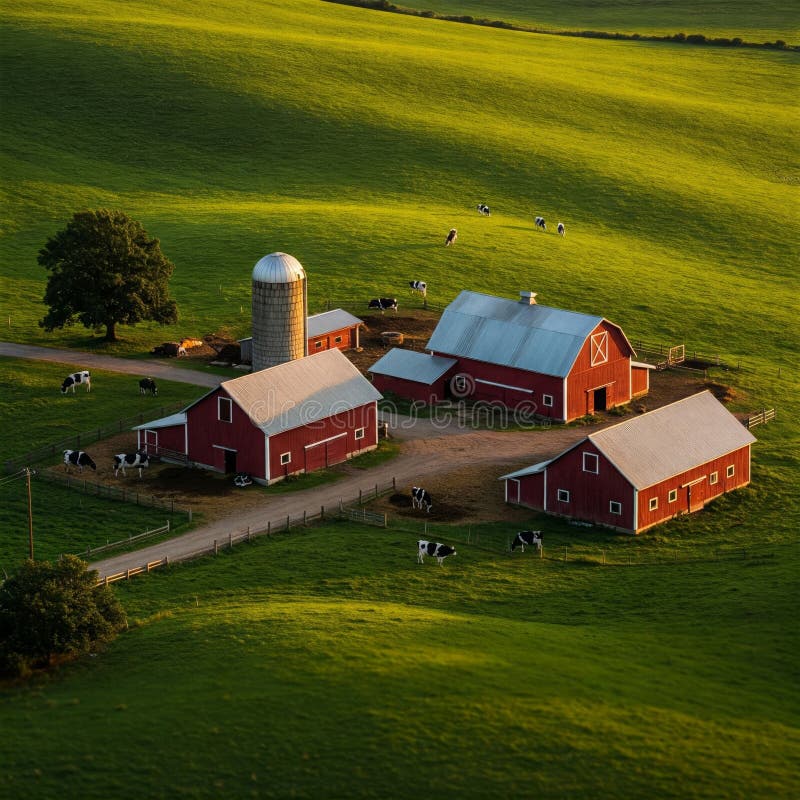 Traditional Red Barns and Open Fields Stock Illustration - Illustration ...