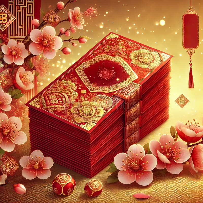 Traditional Red Envelopes with Cherry Blossoms Stock Illustration ...