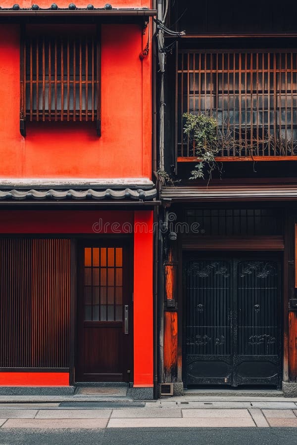 Traditional Red Japanese Building with Wooden Doors and Windows Stock ...