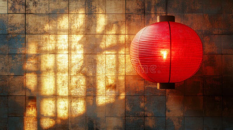 Traditional Red Lantern Casting Shadows on Textured Wall in Evening ...