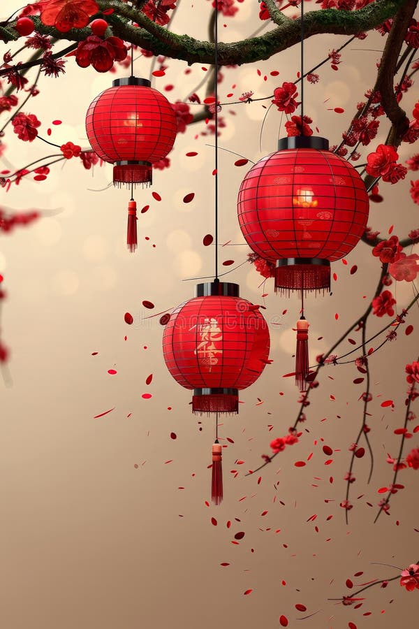 Traditional Red Lanterns Hanging from a Tree Branch during Spring ...
