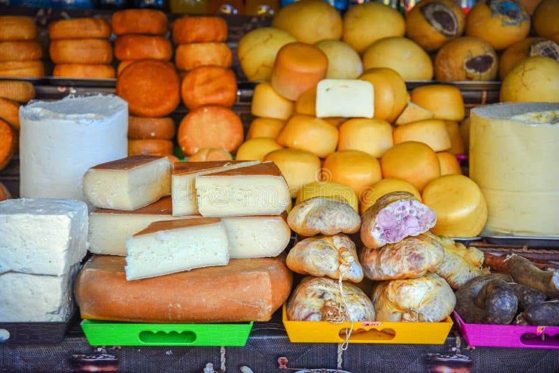 Traditional Romanian Cheese Varieties and Meat in the Market Stock ...