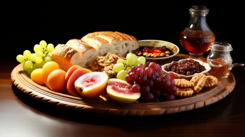 A Traditional Rosh Hashanah Platter with Symbolic Items Stock ...