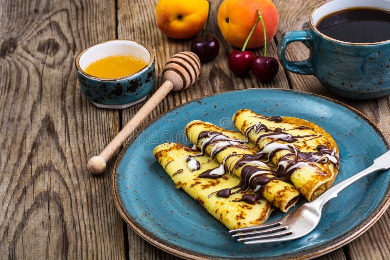 Traditional Russian Breakfast Pancakes with Fruit and Honey Stock Image ...