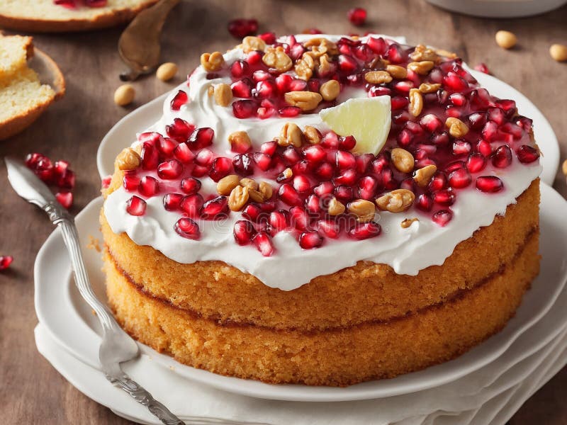 Traditional Russian Cake with Pomegranate and Nuts Stock Image - Image ...