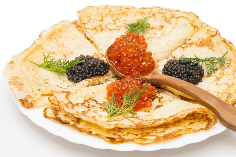 Traditional Russian Crepes with Black and Red Caviar. Stock Image ...