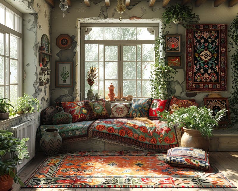 Traditional Russian Dacha with Folk Art and a Samovar3D Render. Stock ...