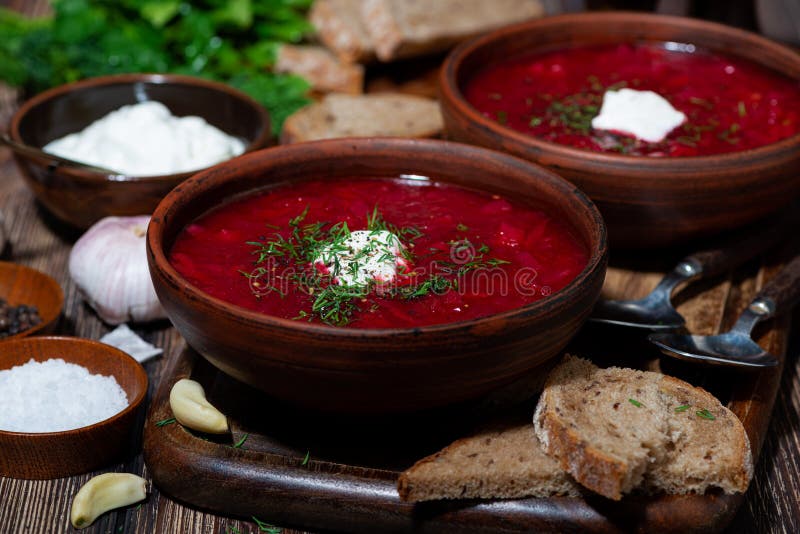 Traditional Russian Dish Borsch with Sour Cream Stock Image - Image of ...