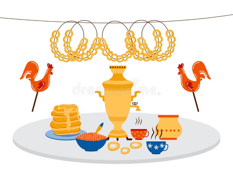 Traditional Russian Food on Table Spread - Samovar with Tea Cups and ...