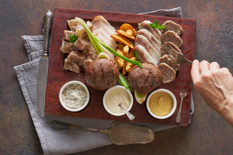 Traditional Russian Meat Snacks with Different Sauces Stock Image ...