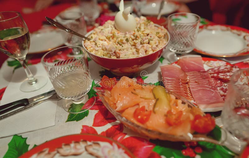 Traditional Russian New Year`s Table. Stock Photo - Image of mixed ...