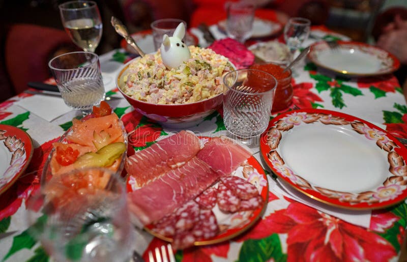 Traditional Russian New Year`s Table. Stock Image - Image of caviar ...