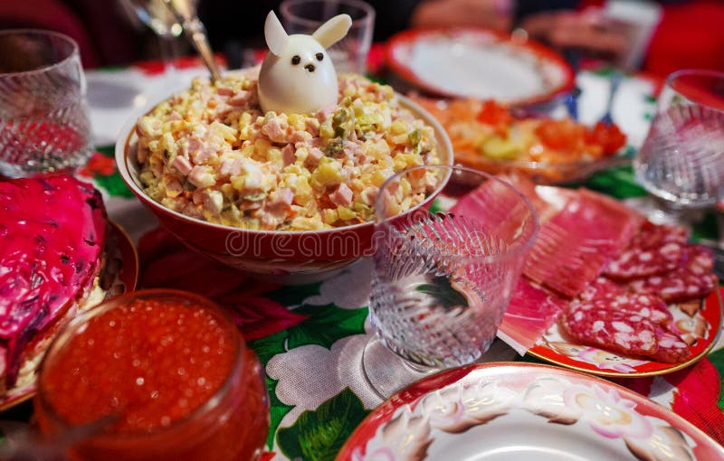 Traditional Russian New Year`s Table. Stock Photo - Image of christmas ...