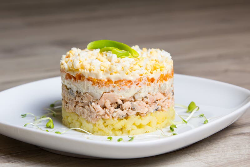 Traditional Russian Salad Mimosa Stock Photo - Image of table ...