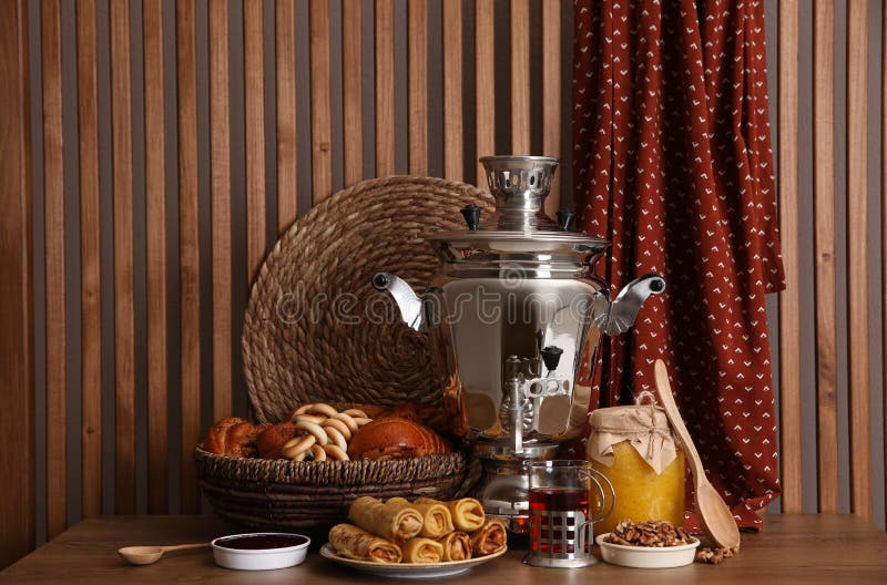 Traditional Russian Samovar with Treats on Wooden Table Stock Photo ...