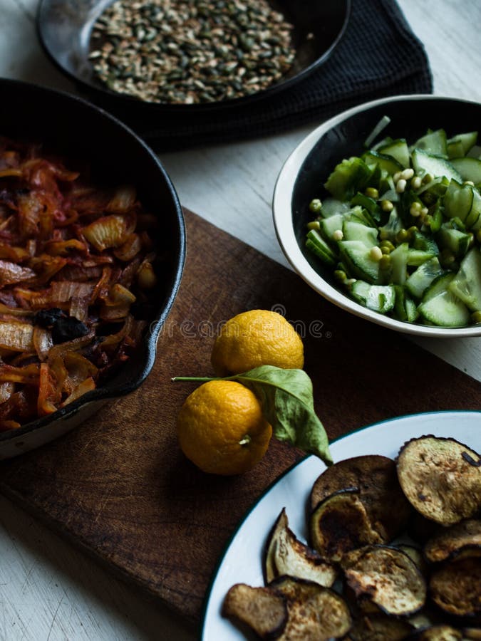 Traditional Rustic Food on Plates and Table Stock Photo - Image of dark ...