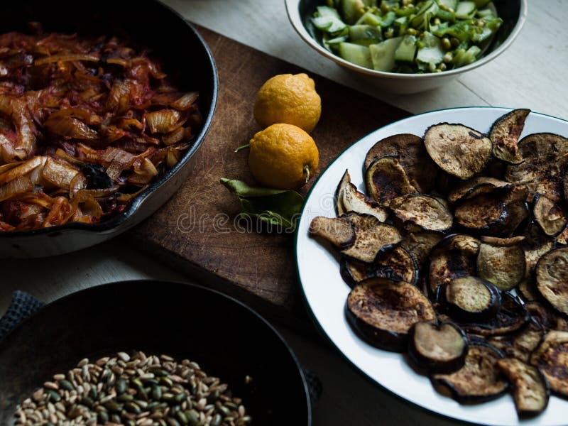 Traditional Rustic Food on Plates and Table Stock Photo - Image of ...
