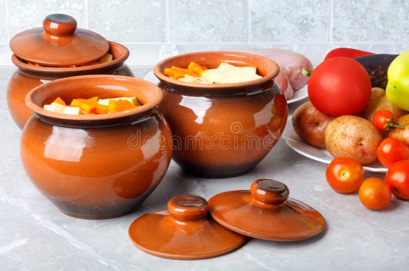 Traditional Rustic Home Vegetable Ragout in Three Clay Pots on ...