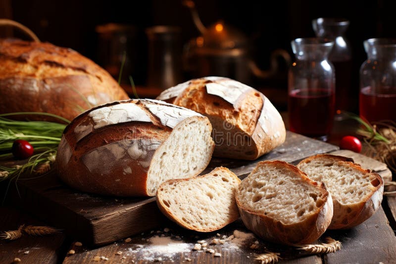 Traditional Rustic Table Setting with Freshly Baked White Bread and ...