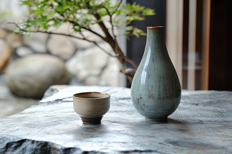 A Traditional Sake Bottle with a Single Cup, Styled on a Smooth Stone ...