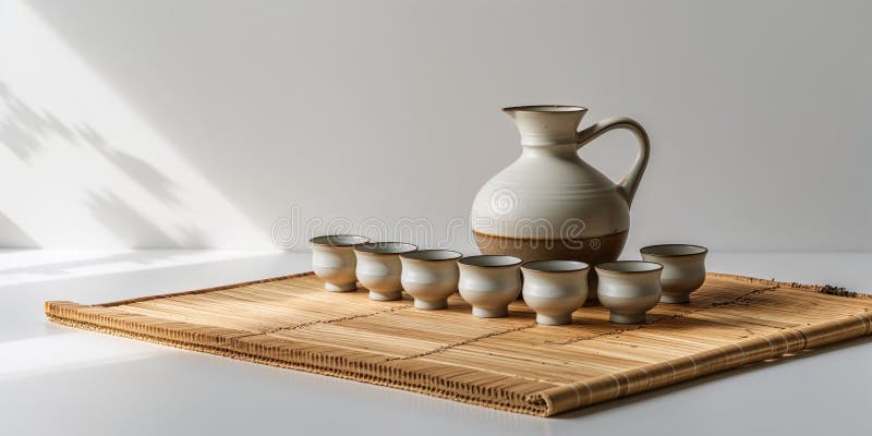 A Traditional Sake Set with a Ceramic Carafe and Small Cups on a Bamboo ...