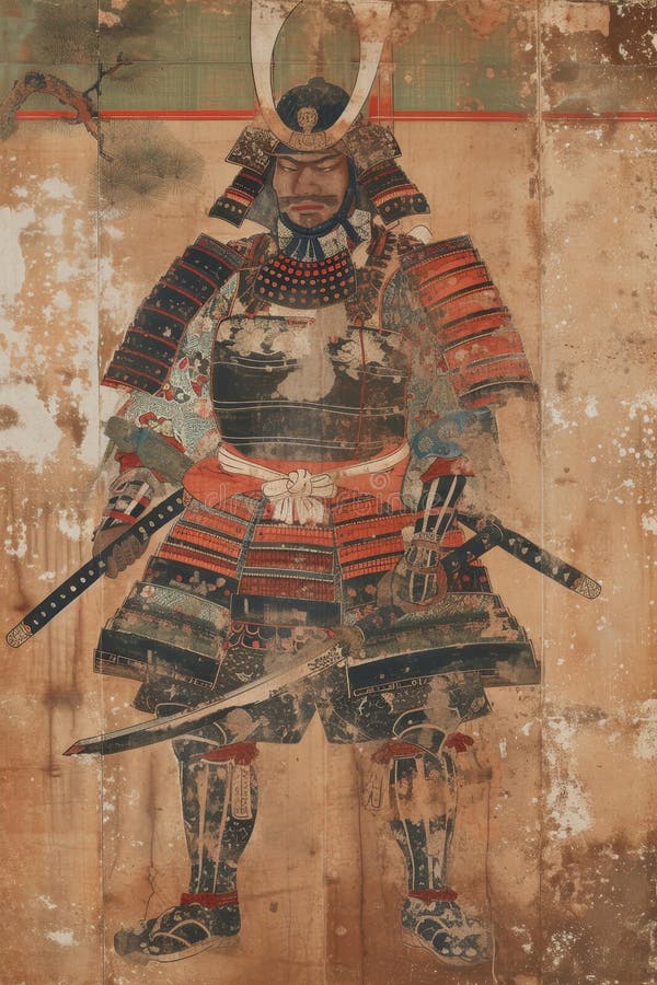Traditional Samurai in Full Armor, Standing with a Stern Expression and ...