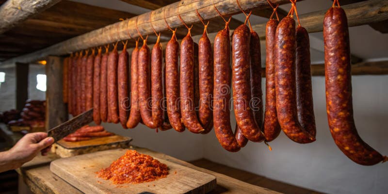 Traditional Sausage Making Process in a Rustic Setting with Hanging ...